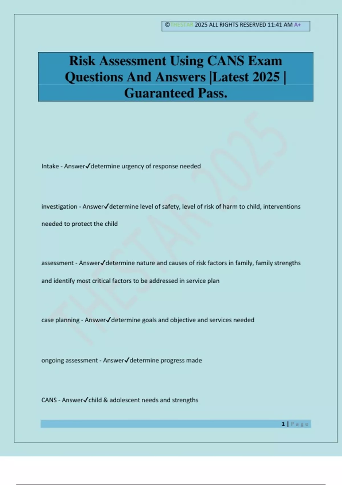 Risk Assessment Using CANS Exam Questions And Answers |Latest 2025 ...