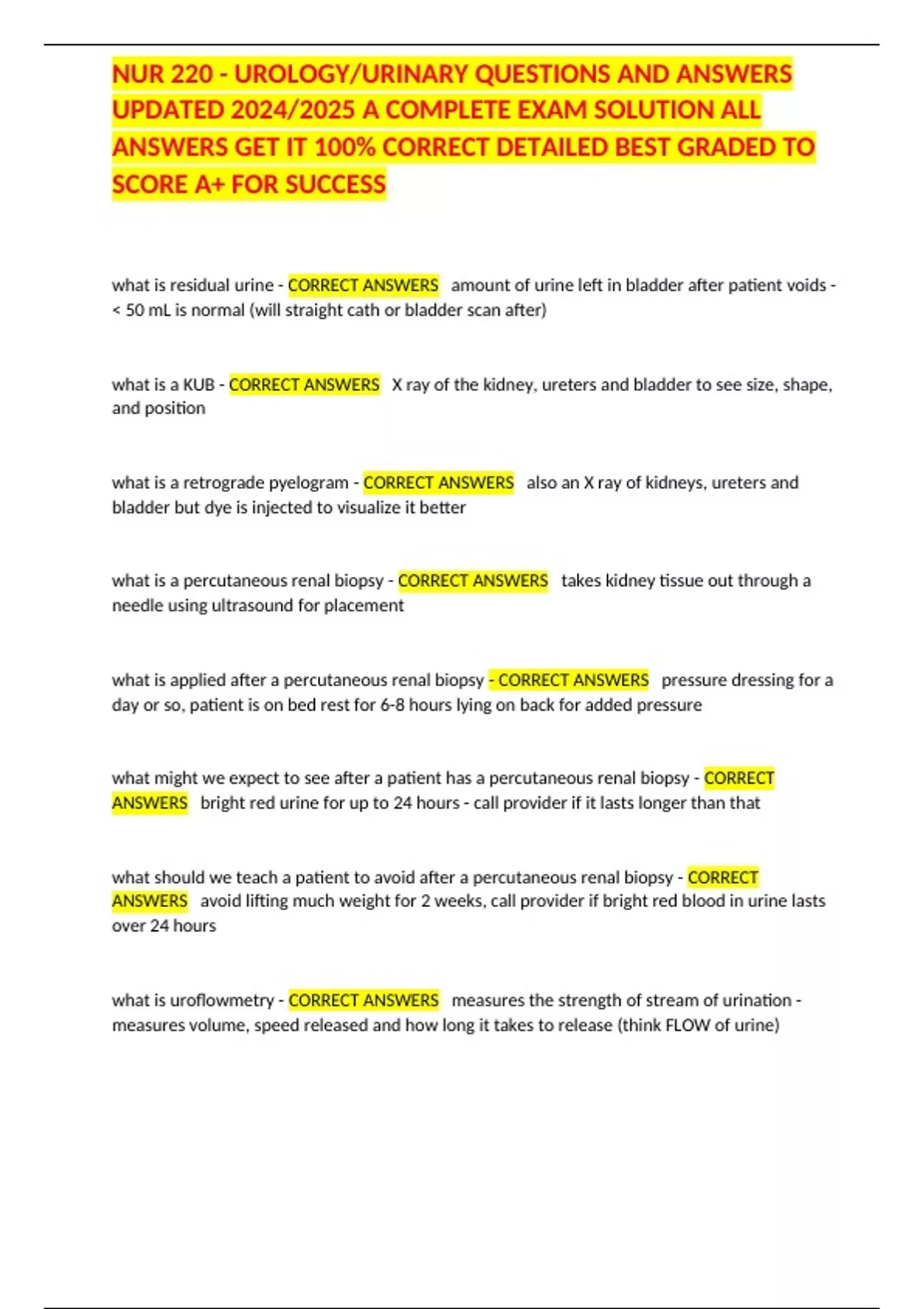 NUR 220 - UROLOGY/URINARY QUESTIONS AND ANSWERS UPDATED 2024/2025 A ...