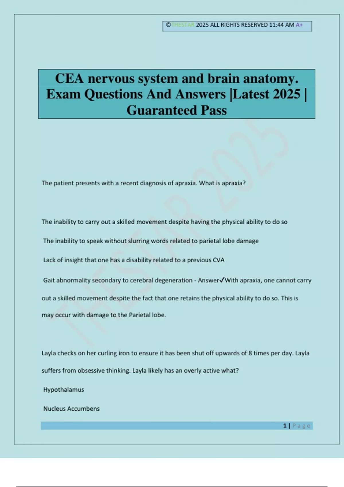 CEA nervous system and brain anatomy. Exam Questions And Answers ...