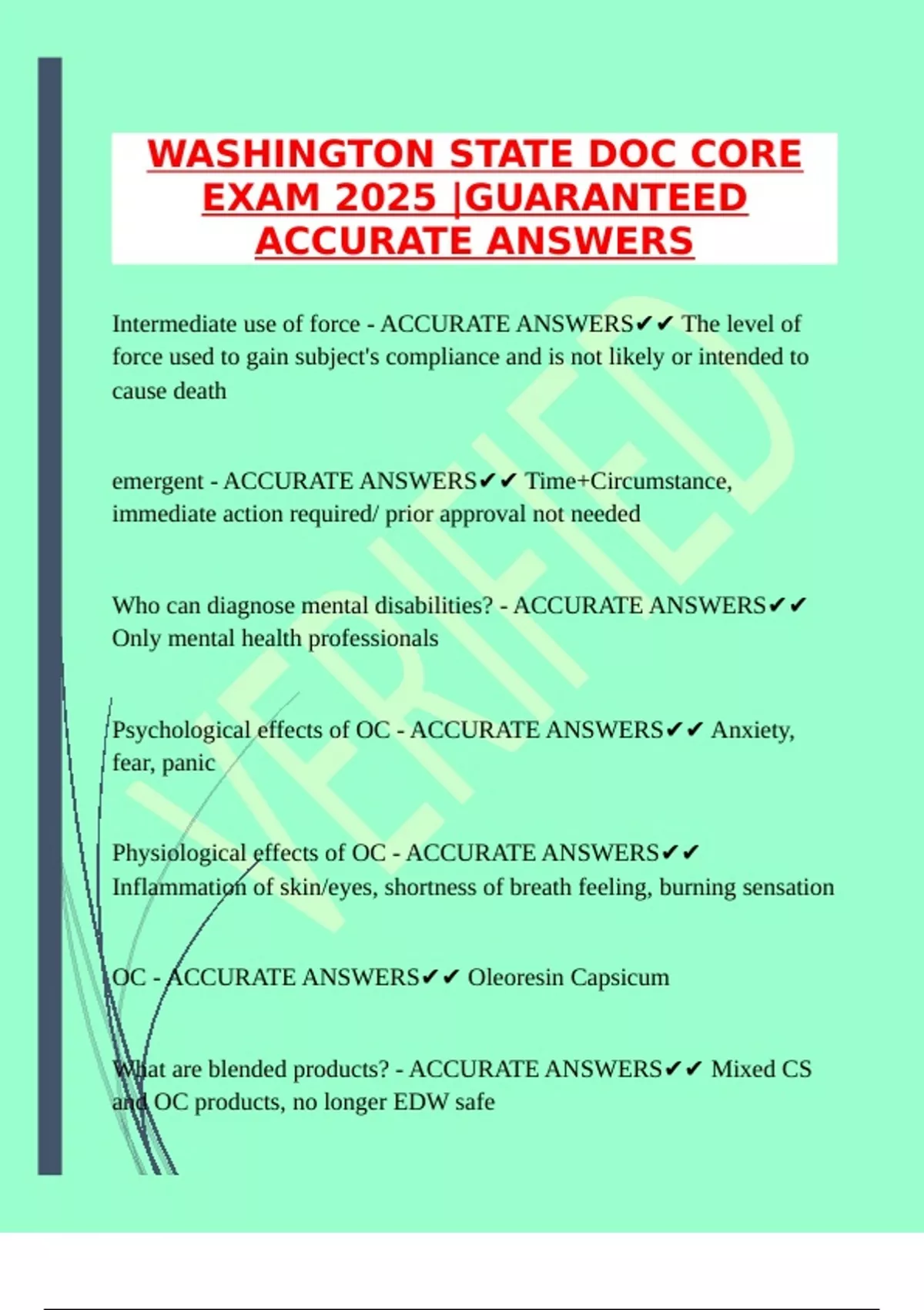 WASHINGTON STATE DOC CORE EXAM 2025 |GUARANTEED ACCURATE ANSWERS ...