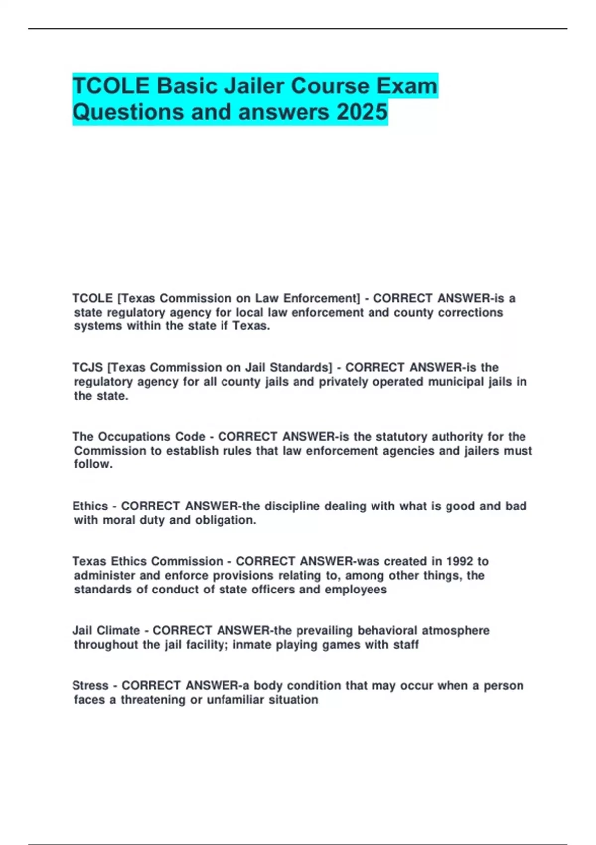 TCOLE Basic Jailer Course Exam Questions and answers 2025. - TCOLE ...