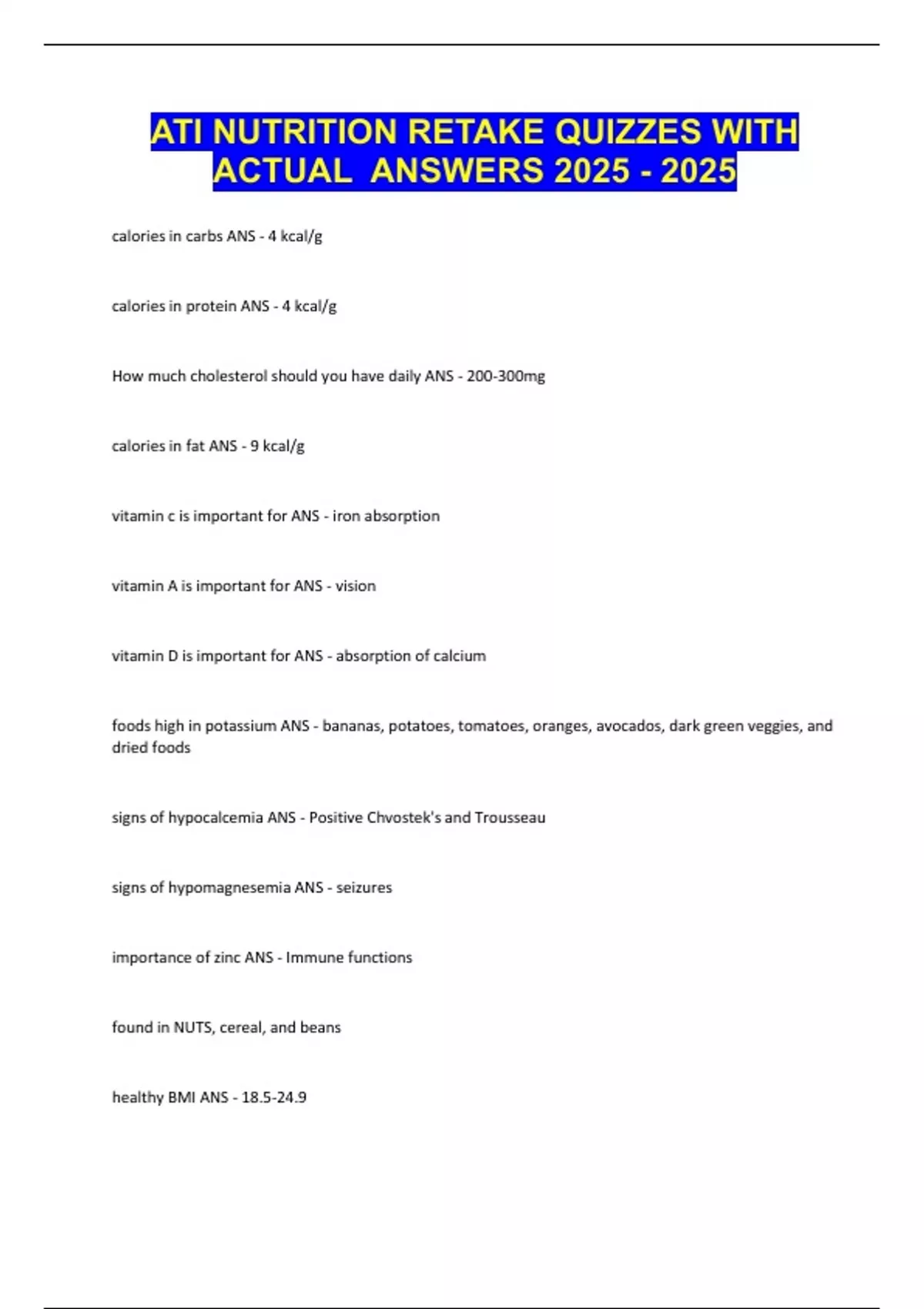 ATI NUTRITION RETAKE QUIZZES WITH ACTUAL ANSWERS 2025 - ATI NUTRITION ...