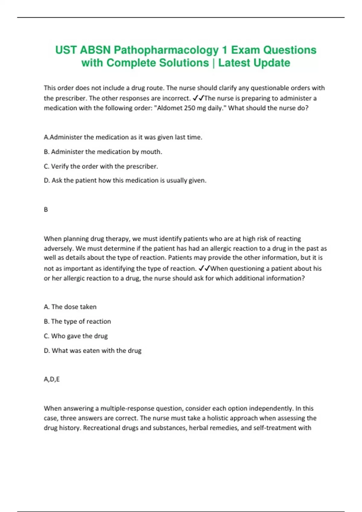 UST ABSN Pathopharmacology 1 Exam Questions with Complete Solutions ...
