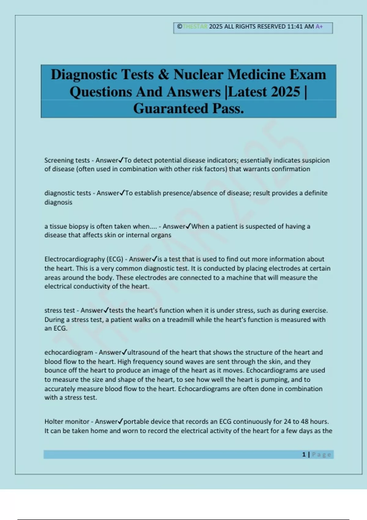 Diagnostic Tests & Nuclear Medicine Exam Questions And Answers |Latest ...