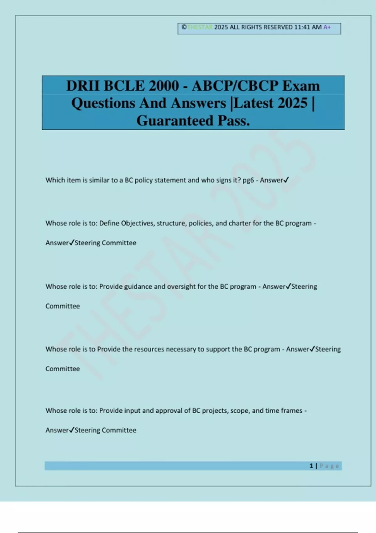 DRII BCLE 2000 - ABCP/CBCP Exam Questions And Answers |Latest 2025 ...