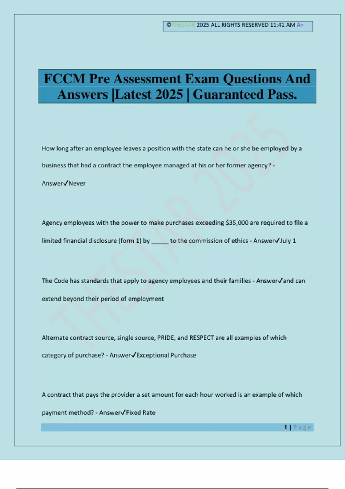 FCCM Pre Assessment Exam Questions And Answers |Latest 2025 ...