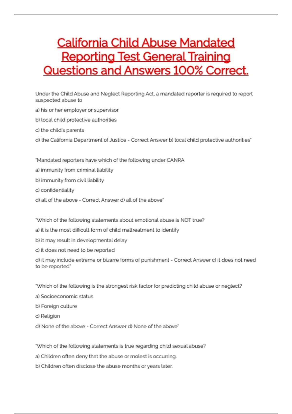 California Child Abuse Mandated Reporting Test General Training ...