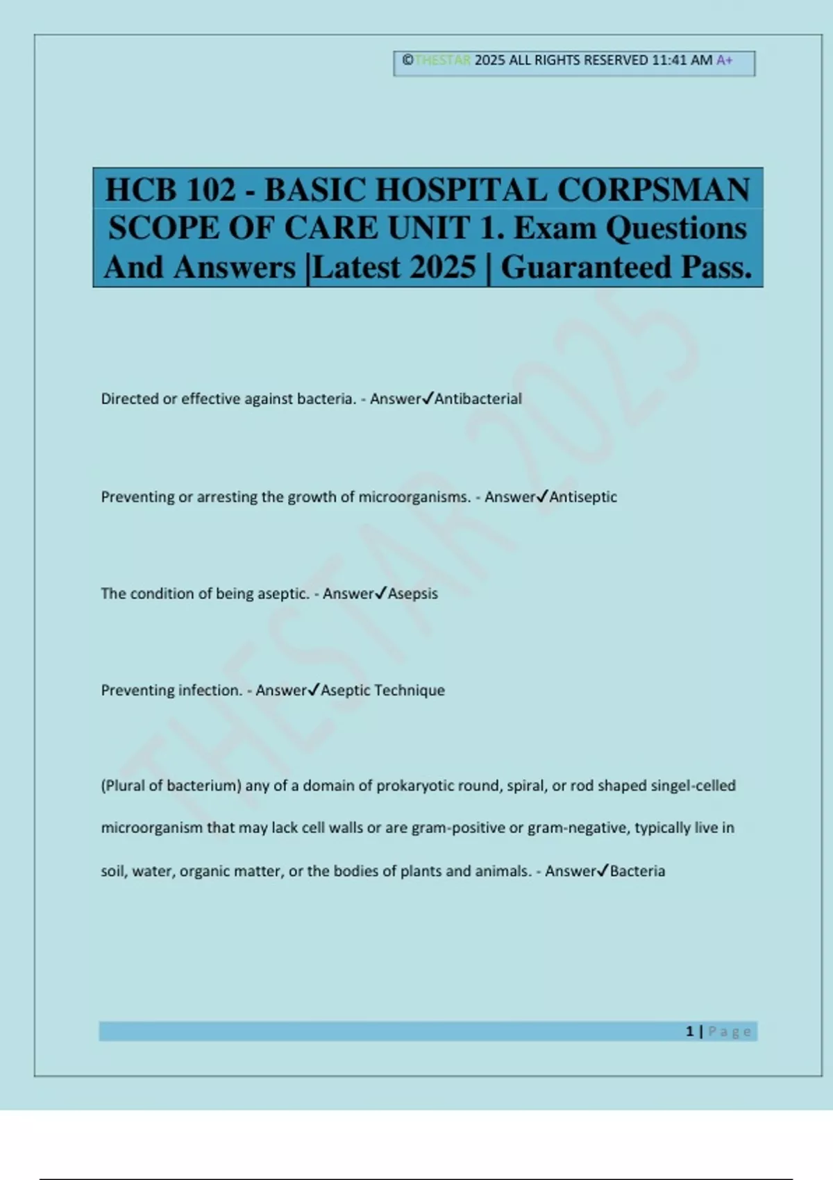 HCB 102 - BASIC HOSPITAL CORPSMAN SCOPE OF CARE UNIT 1. Exam Questions ...