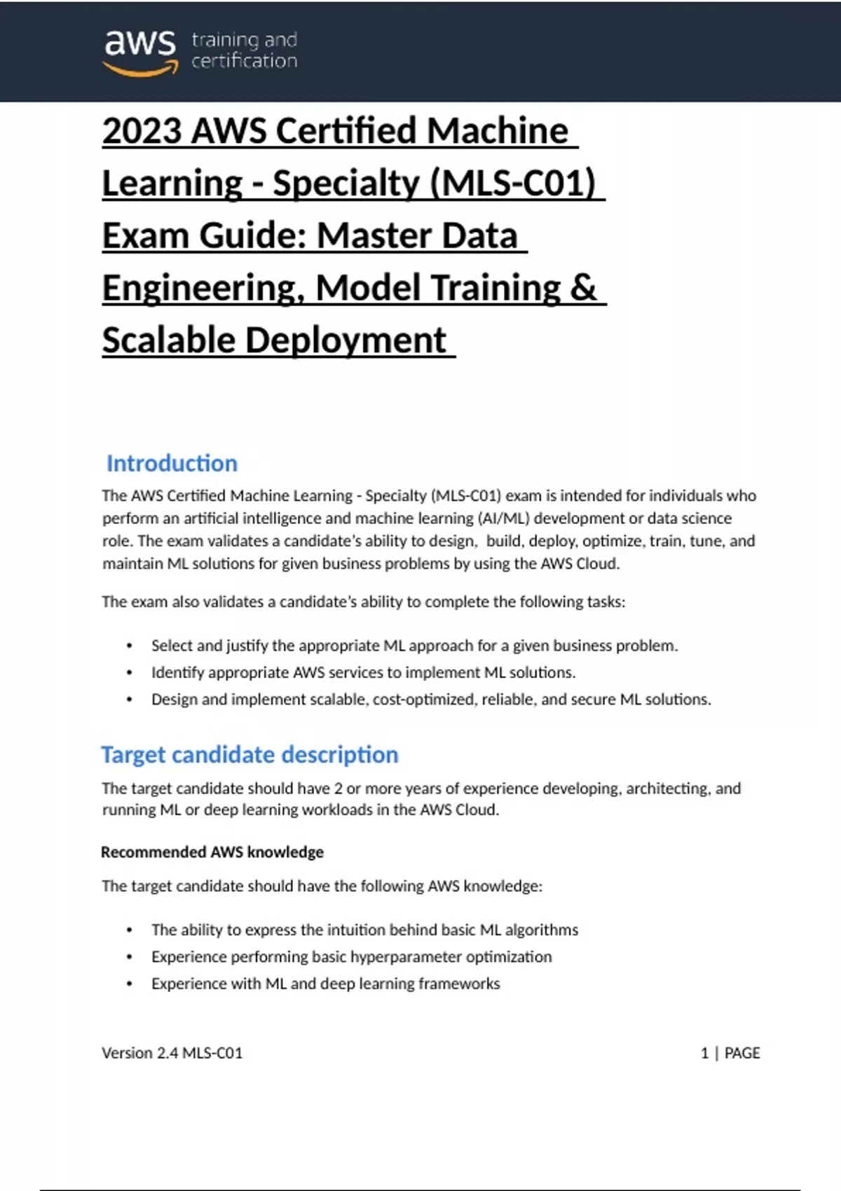 2023 |AWS Certified Machine Learning| Specialty (MLS-C01) |Exam Guide: | Master Data Engineering ...