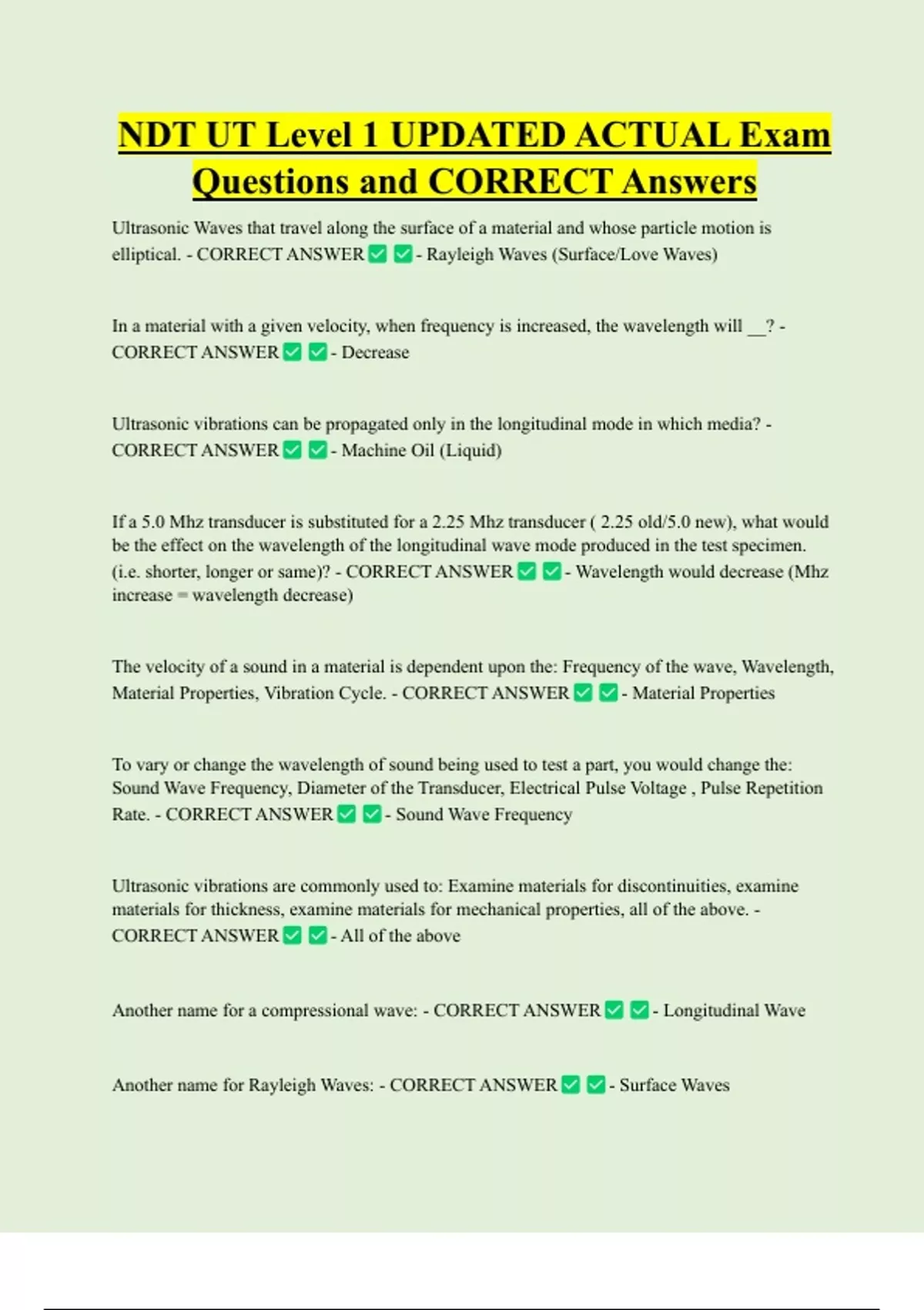 NDT UT Level 1 UPDATED ACTUAL Exam Questions and CORRECT Answers - Ndt ...