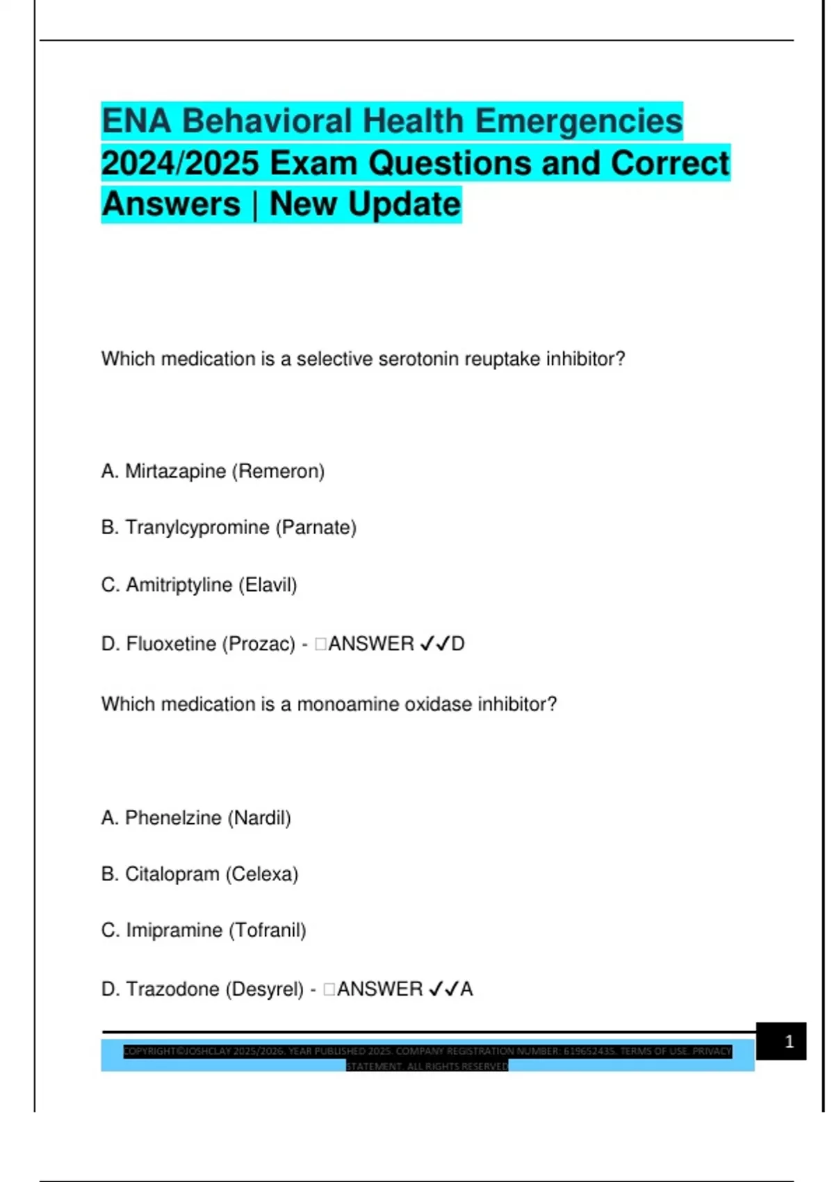 ENA Behavioral Health Emergencies 2024/2025 Exam Questions and Correct ...