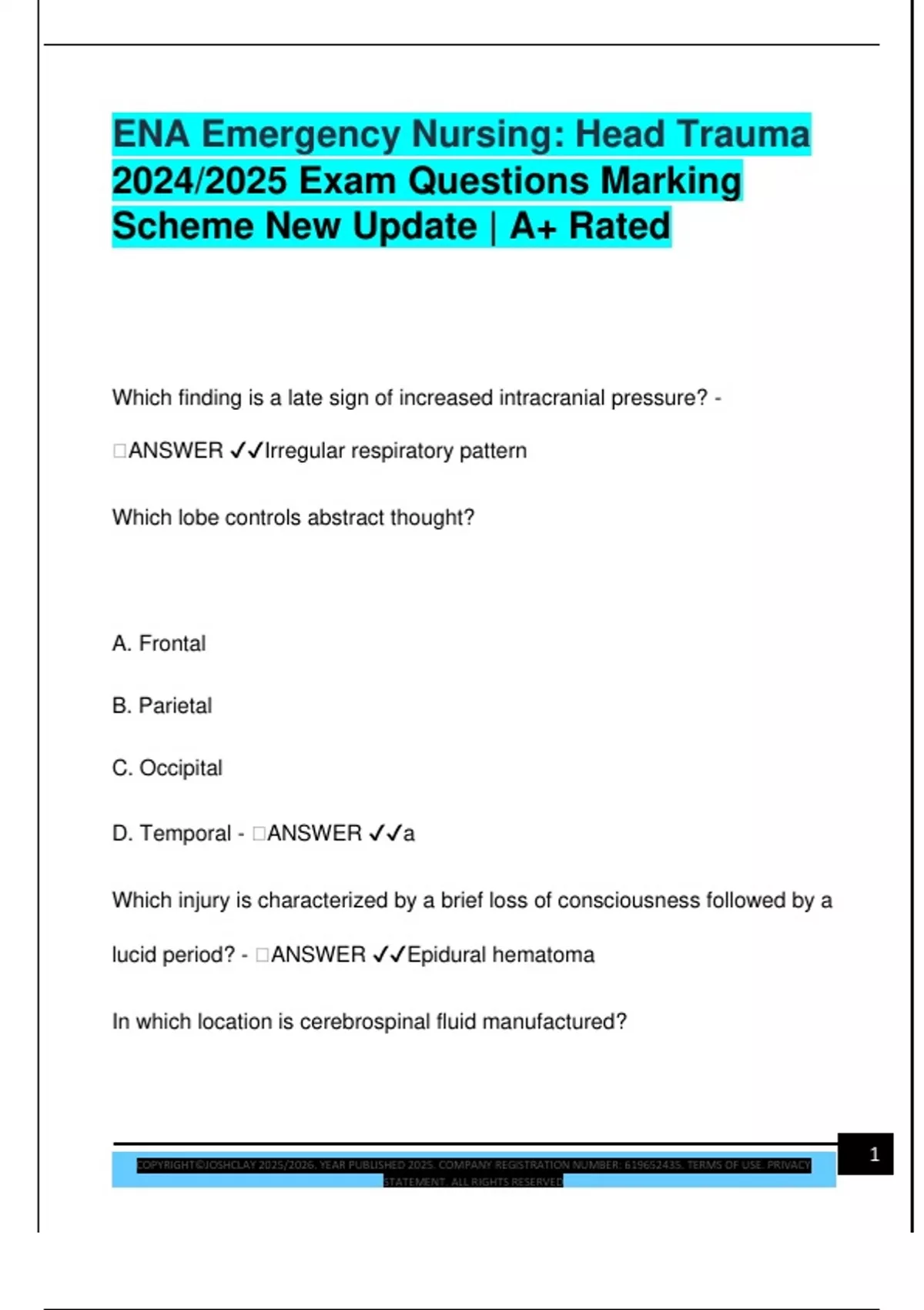 ENA Emergency Nursing: Head Trauma 2024/2025 Exam Questions Marking ...