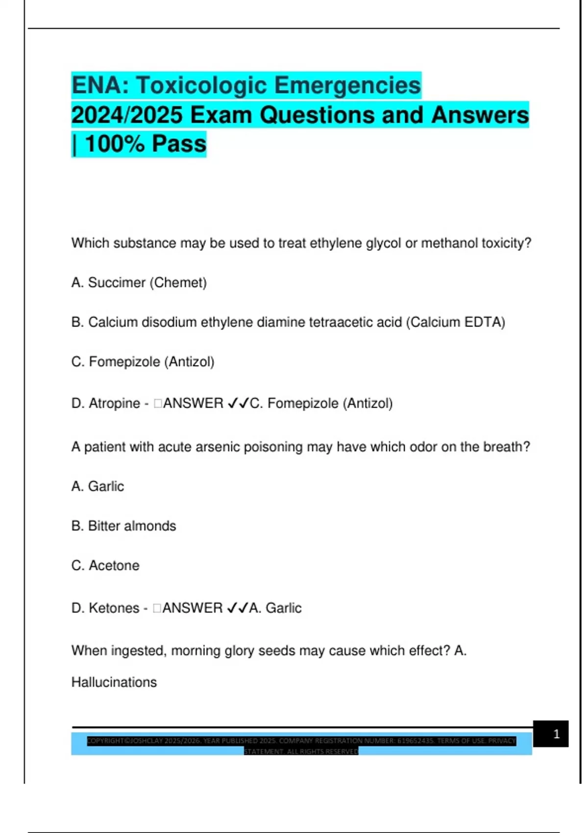 ENA: Toxicologic Emergencies 2024/2025 Exam Questions and Answers | 100 ...