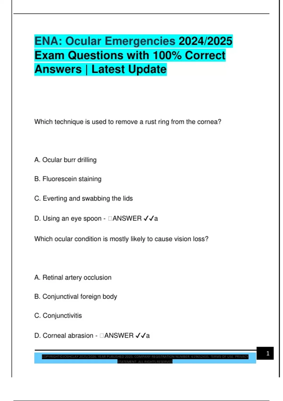 ENA: Ocular Emergencies 2024/2025 Exam Questions with 100% Correct ...