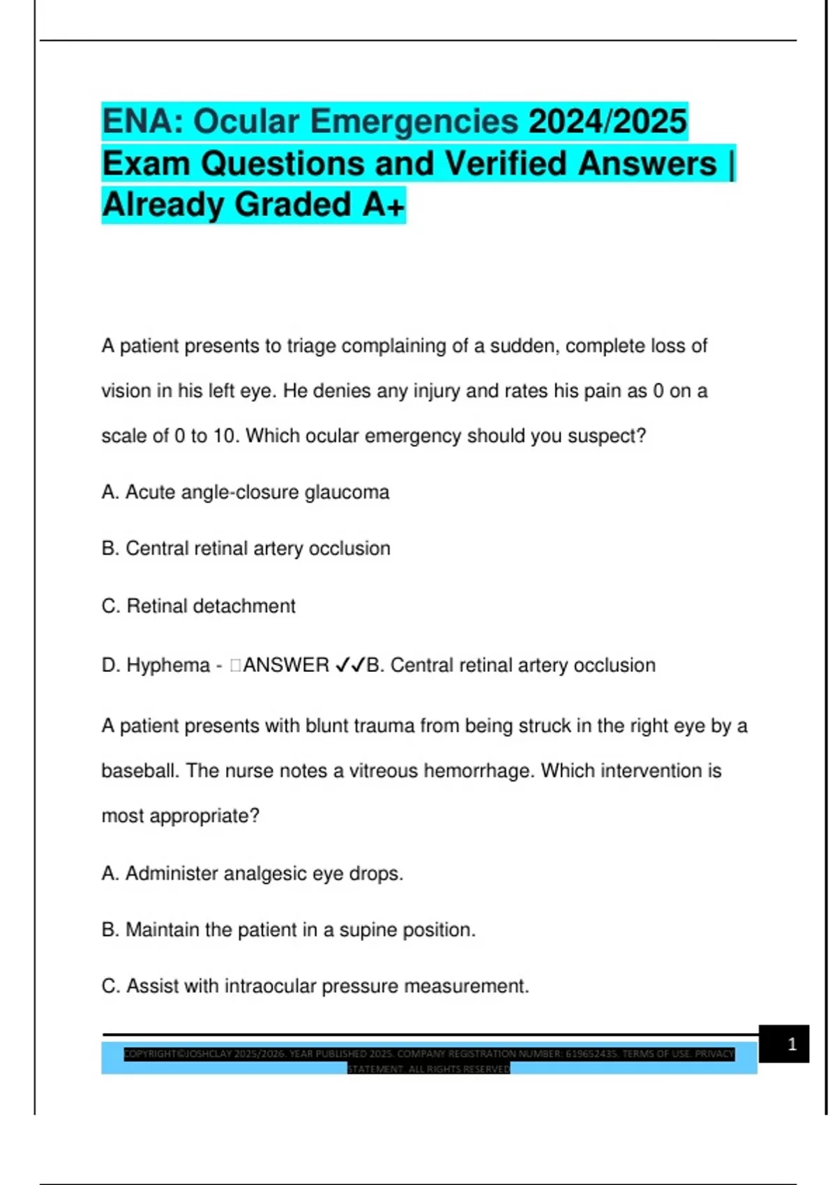 ENA: Ocular Emergencies 2024/2025 Exam Questions and Verified Answers | Already Graded A+ - Ena ...