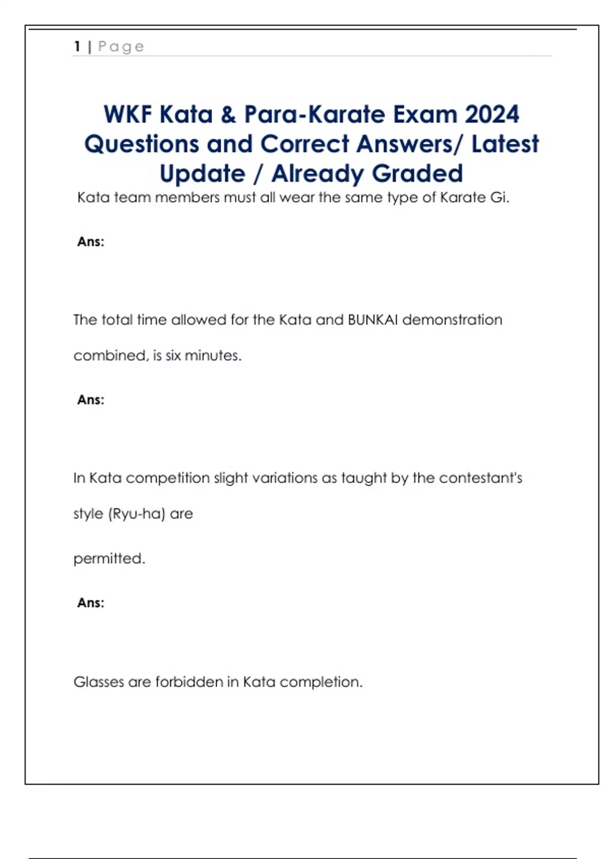 WKF Kata & Para-Karate Exam 2024 Questions and Correct Answers/ Latest ...
