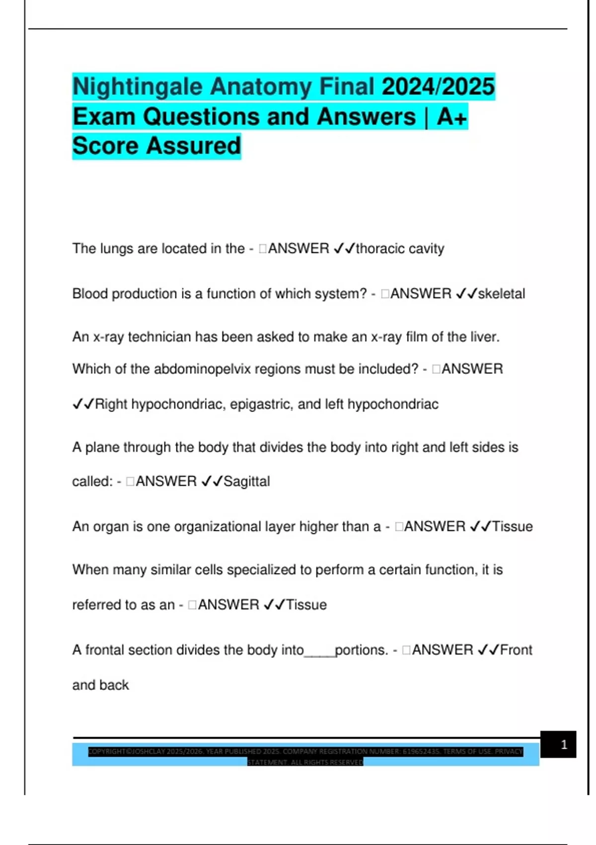 Nightingale Anatomy Final 2024/2025 Exam Questions and Answers | A+ ...