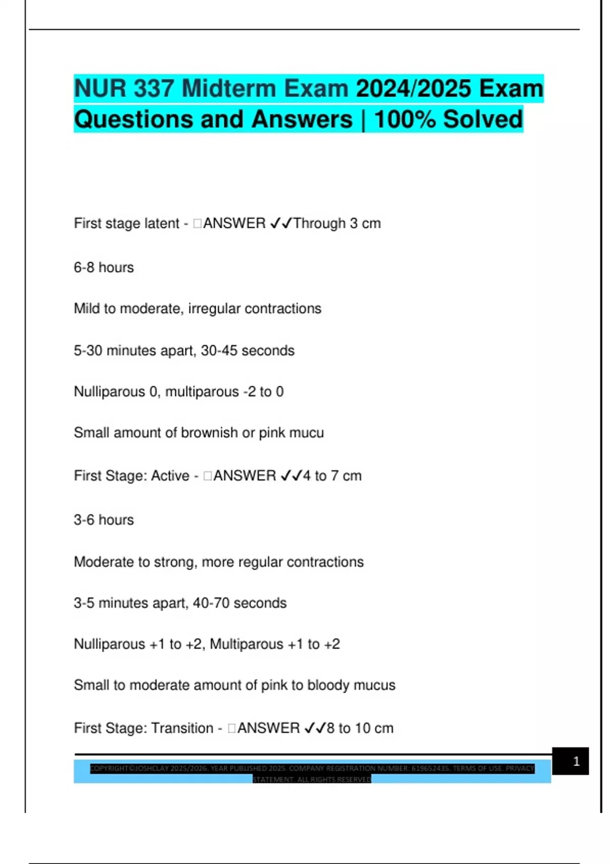 NUR 337 Midterm Exam 2024/2025 Exam Questions and Answers | 100% Solved - NUR 337 - Stuvia US