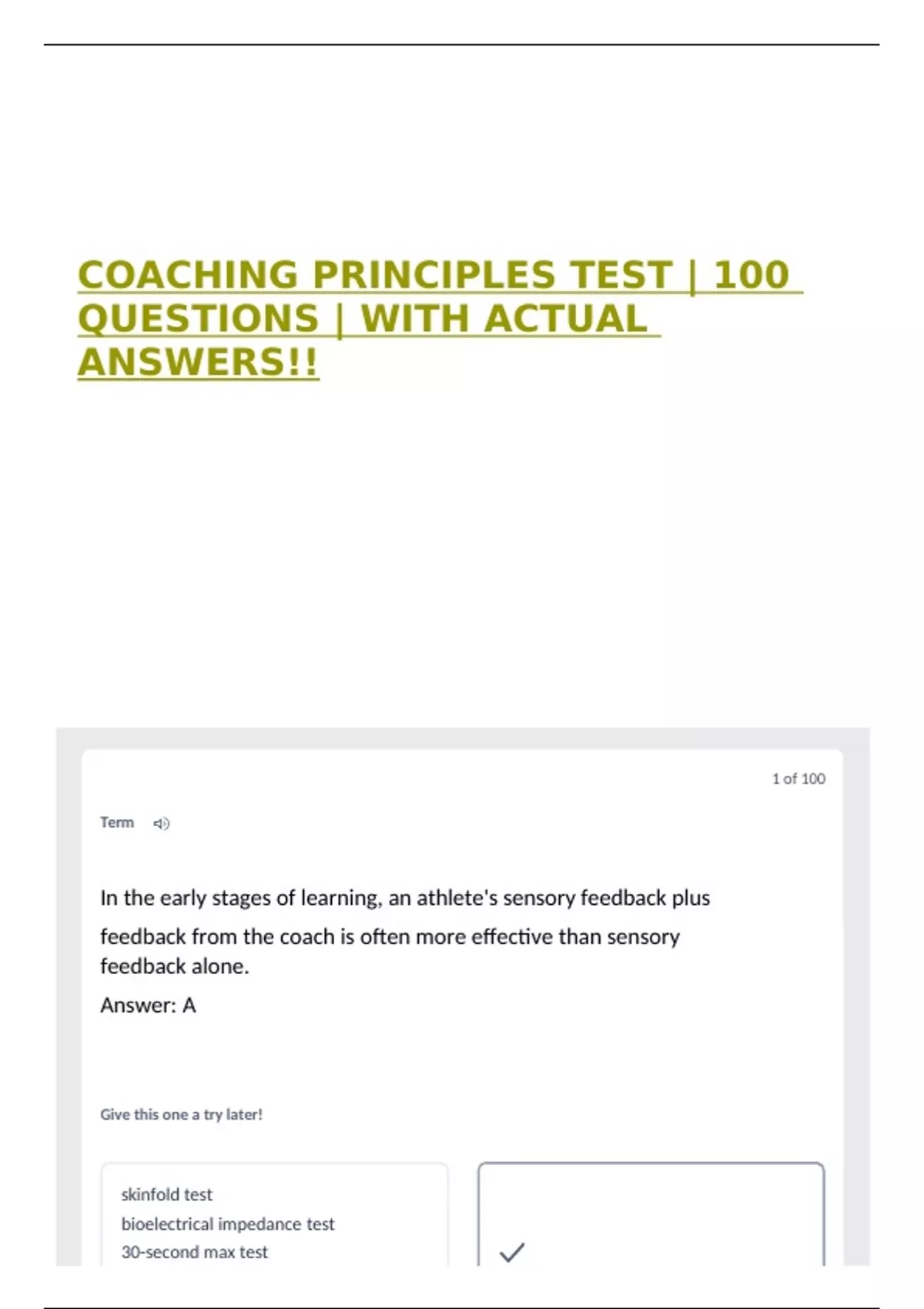 COACHING PRINCIPLES TEST | 100 QUESTIONS | WITH ACTUAL ANSWERS ...