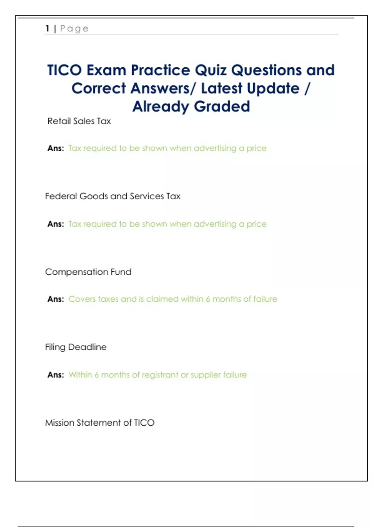 TICO Exam Practice Quiz Questions and Correct Answers/ Latest Update ...