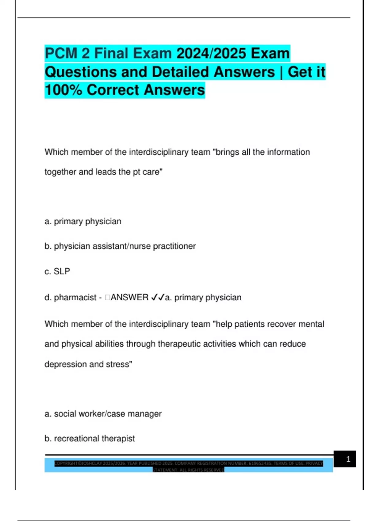 PCM 2 Final Exam 2024/2025 Exam Questions and Detailed Answers | Get it 100% Correct Answers ...