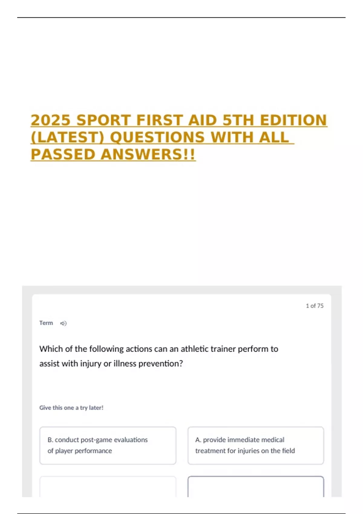 2025 SPORT FIRST AID 5TH EDITION (LATEST) QUESTIONS WITH ALL PASSED ...