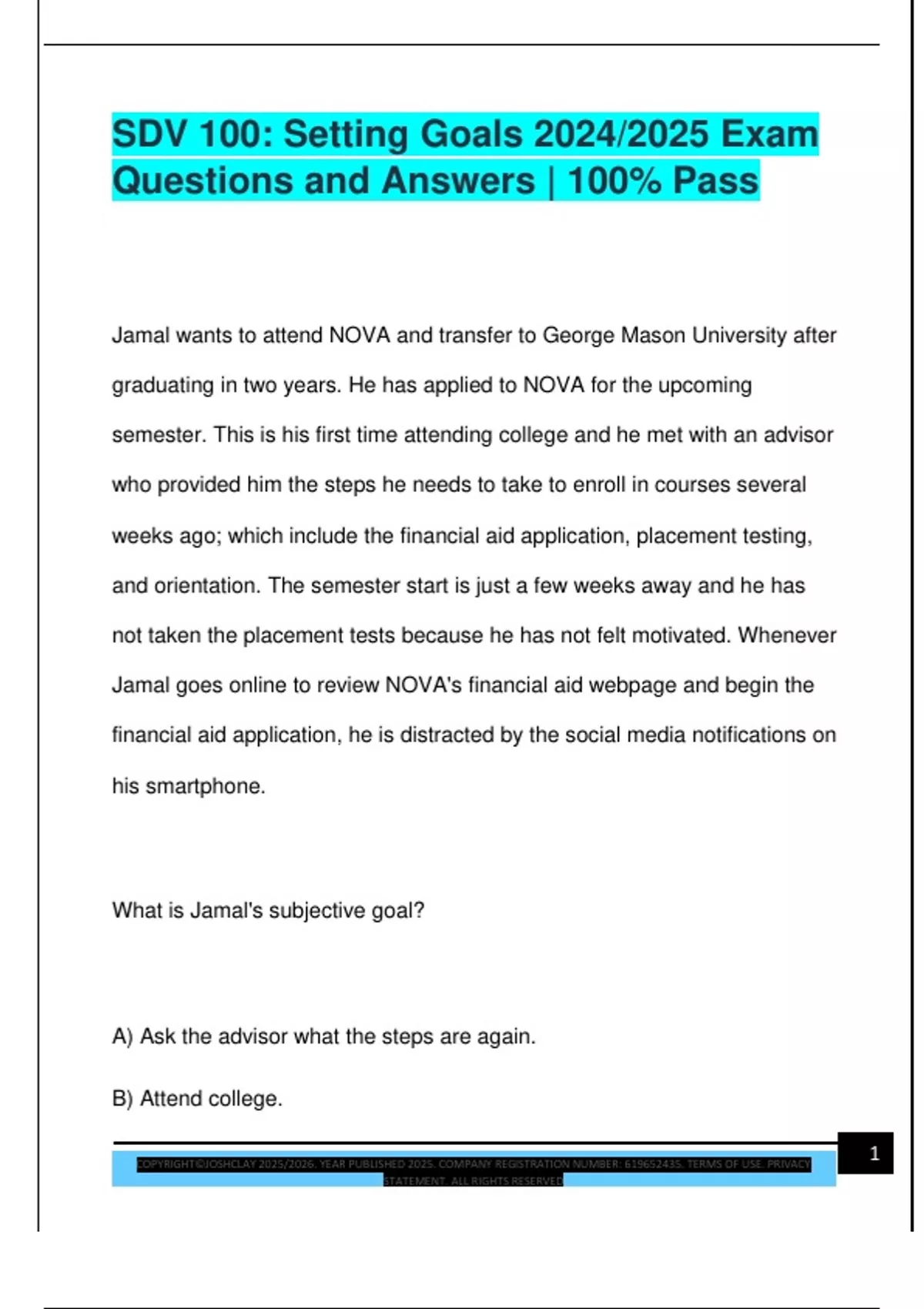 Sdv 100 Setting Goals 2024 2025 Exam Questions And Answers 100 Pass