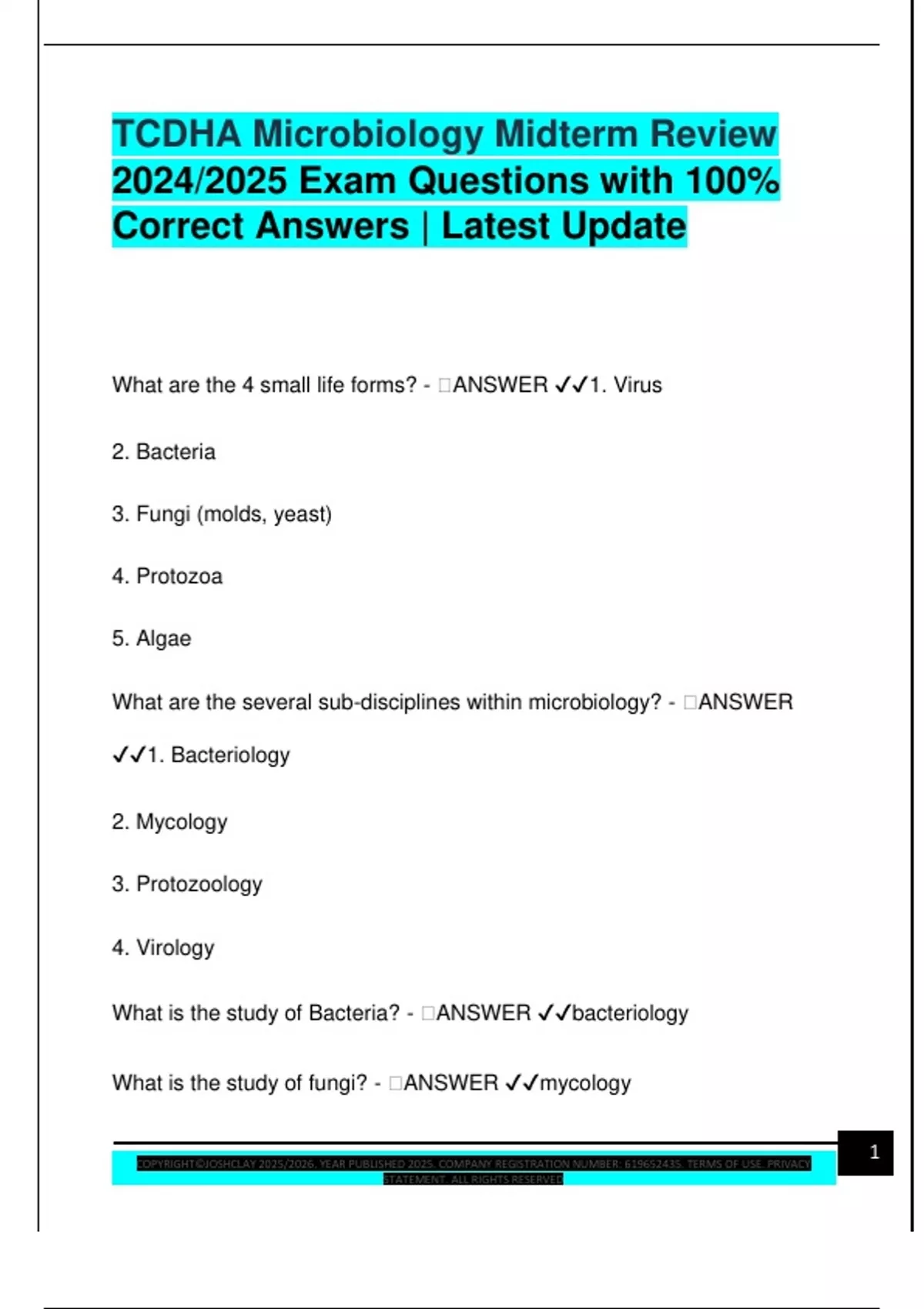 TCDHA Microbiology Midterm Review 2024/2025 Exam Questions with 100% ...