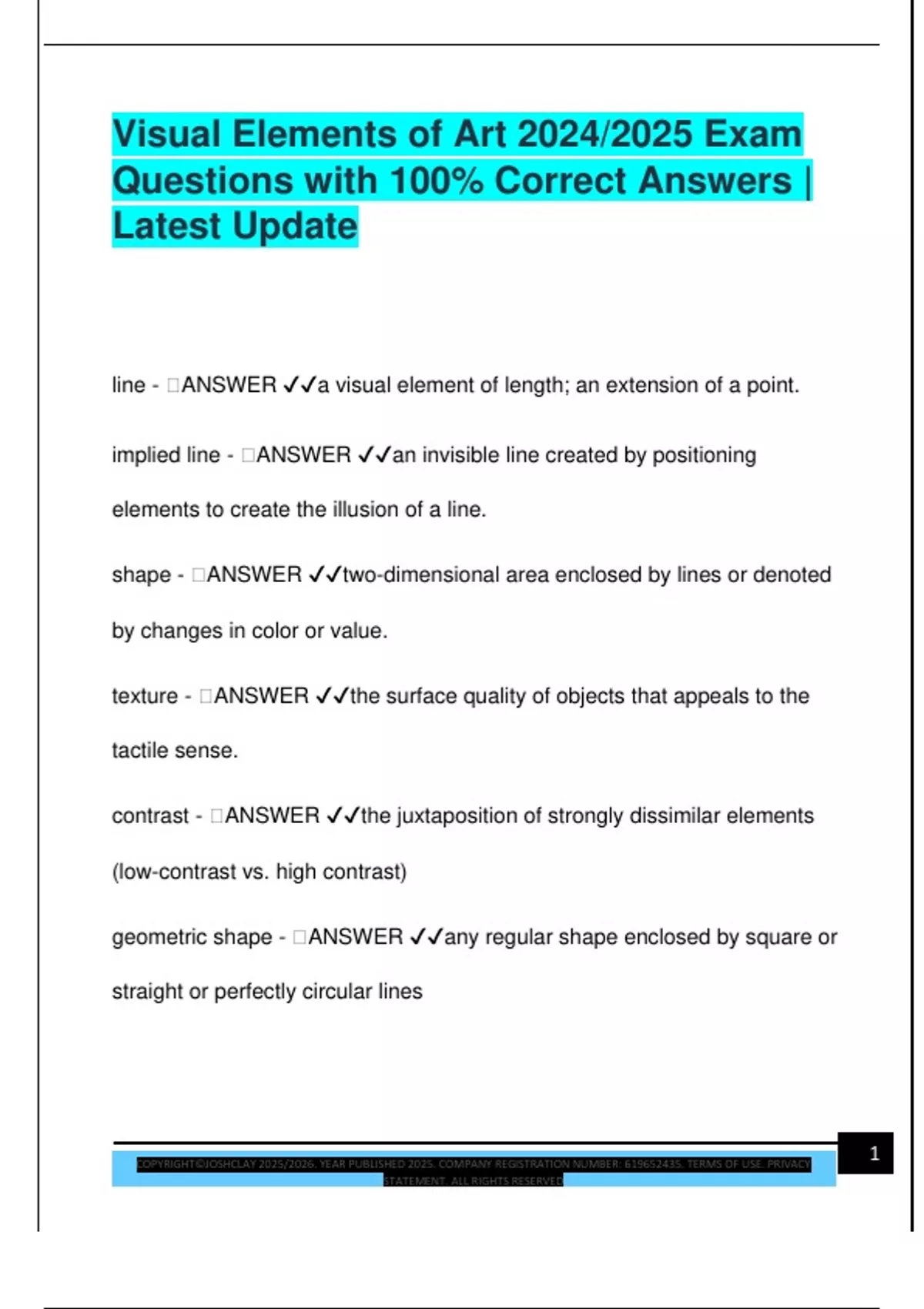 Visual Elements of Art 2024/2025 Exam Questions with 100% Correct ...