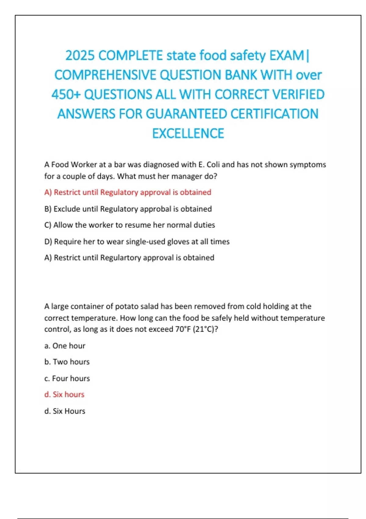 2025 COMPLETE state food safety EXAM| COMPREHENSIVE QUESTION BANK WITH ...