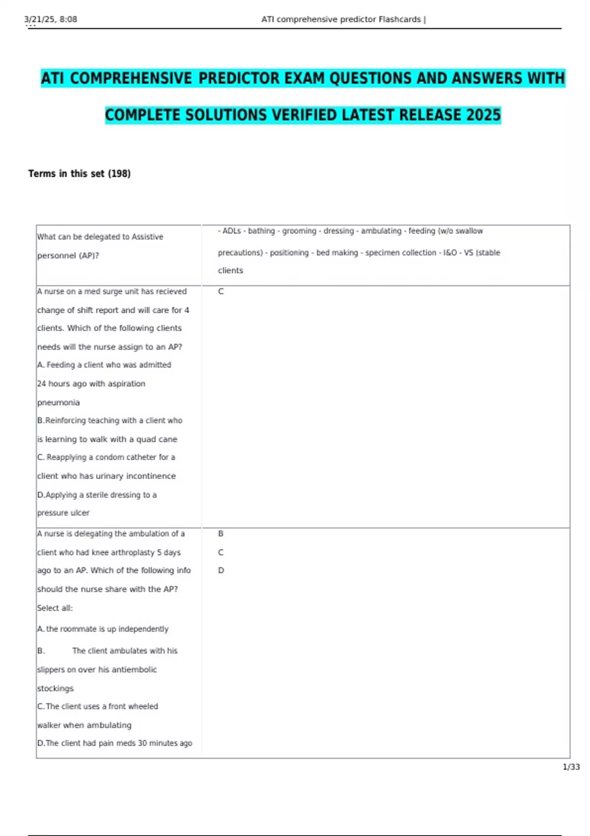 ATI COMPREHENSIVE PREDICTOR EXAM QUESTIONS AND ANSWERS WITH COMPLETE ...