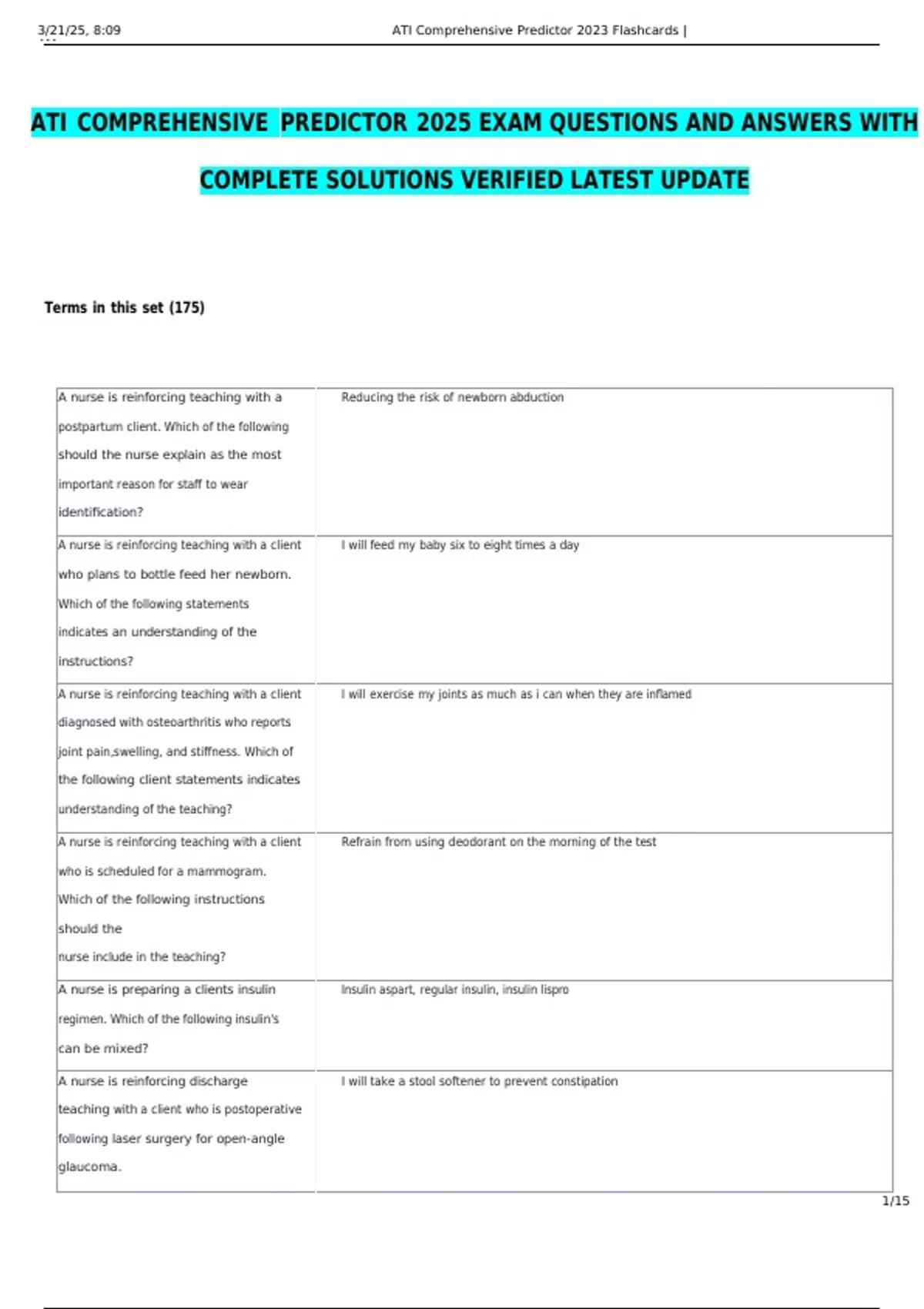 ATI COMPREHENSIVE PREDICTOR 2025 EXAM QUESTIONS AND ANSWERS WITH COMPLETE SOLUTIONS VERIFIED ...