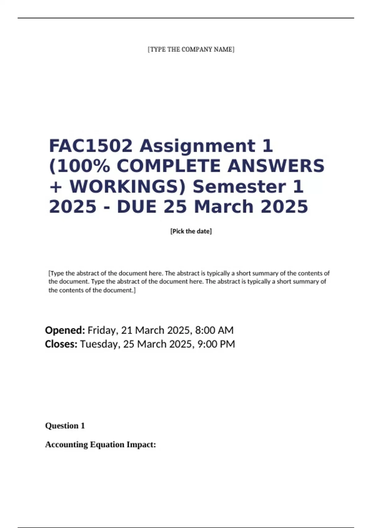 FAC1502 Assignment 1 (100% COMPLETE ANSWERS + WORKINGS) Semester 1 2025 ...
