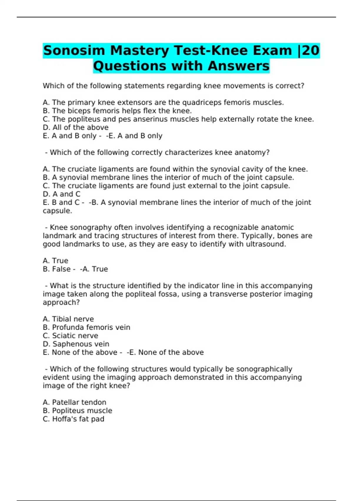 Sonosim Mastery Test-Knee Exam |20 Questions with Answers - Sonosim ...