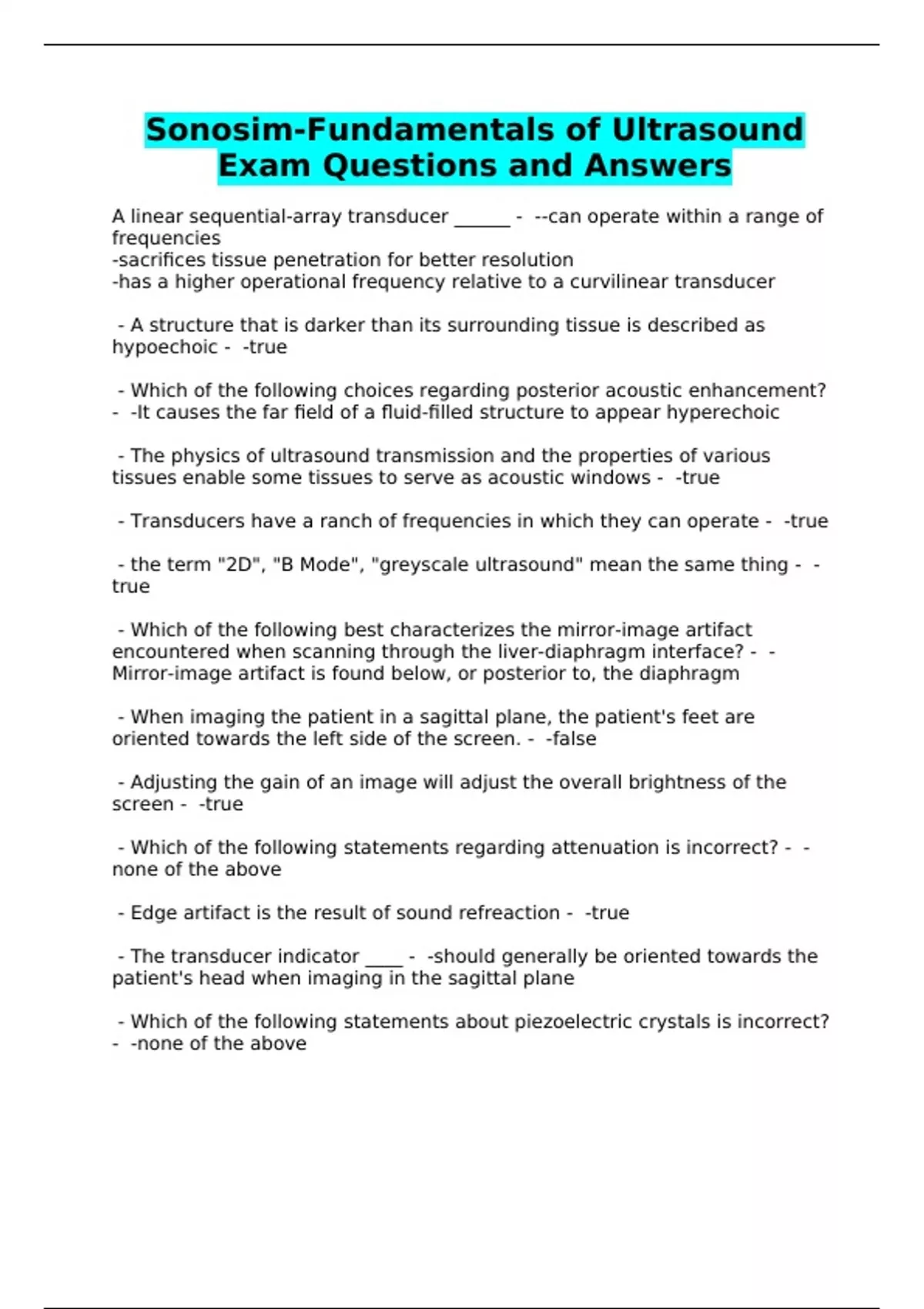 Sonosim-Fundamentals of Ultrasound Exam Questions and Answers - Sonosim ...