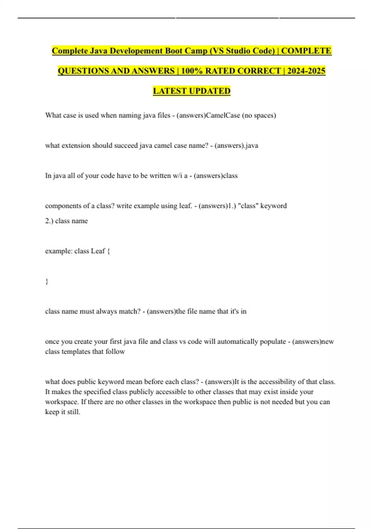 Complete Java Developement Boot Camp (VS Studio Code) | COMPLETE QUESTIONS AND ANSWERS | 100% ...