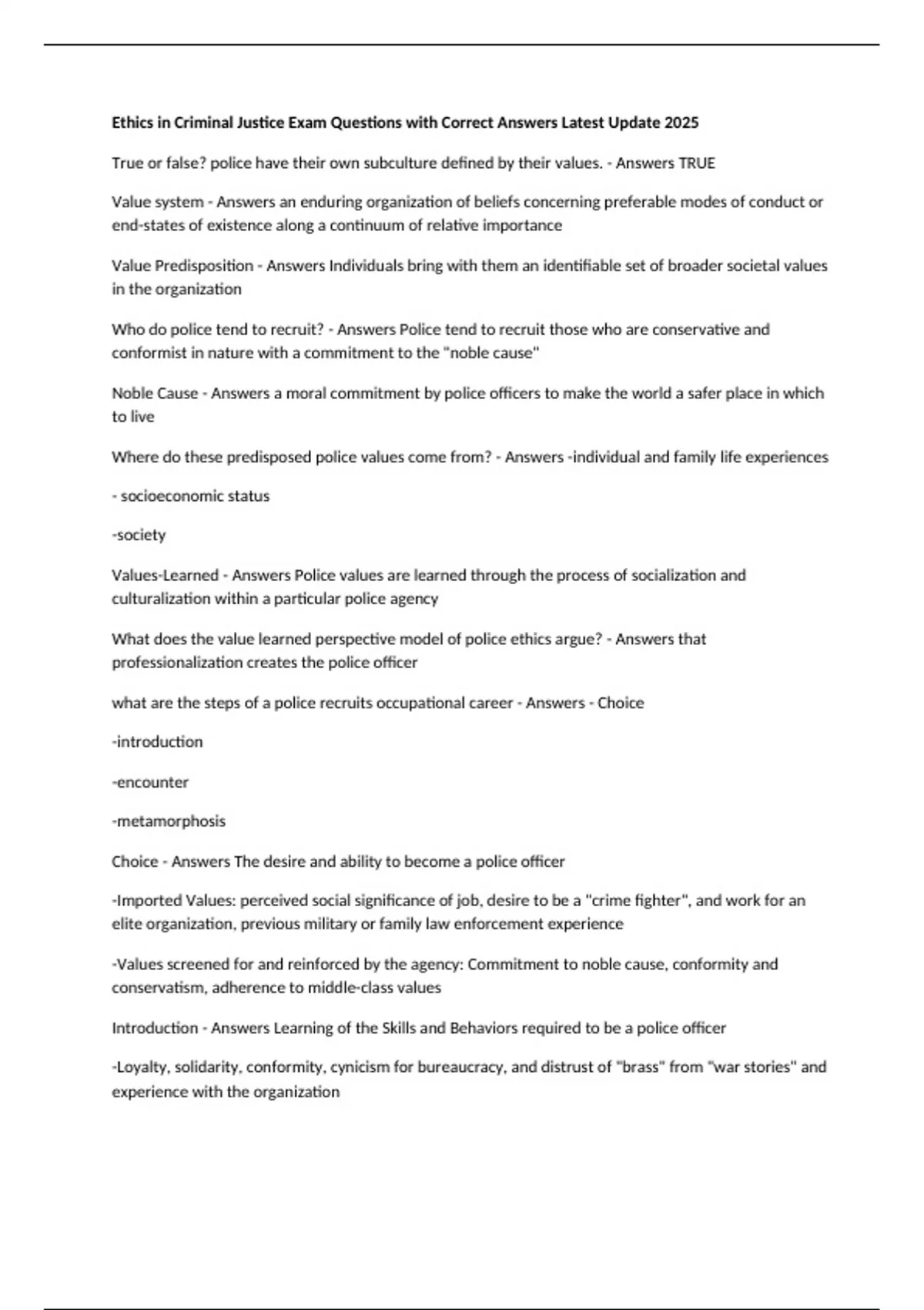 Ethics in Criminal Justice Exam Questions with Correct Answers Latest ...