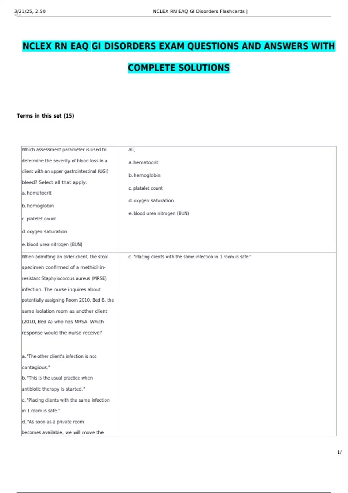 NCLEX RN EAQ GI DISORDERS EXAM QUESTIONS AND ANSWERS WITH COMPLETE ...