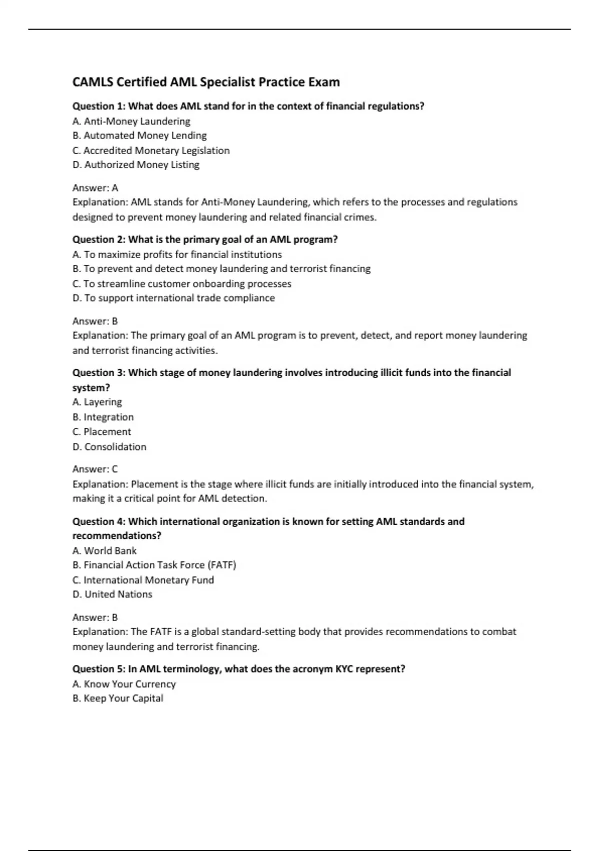 CAMLS Certified AML Specialist Practice Exam - Computers - Stuvia US