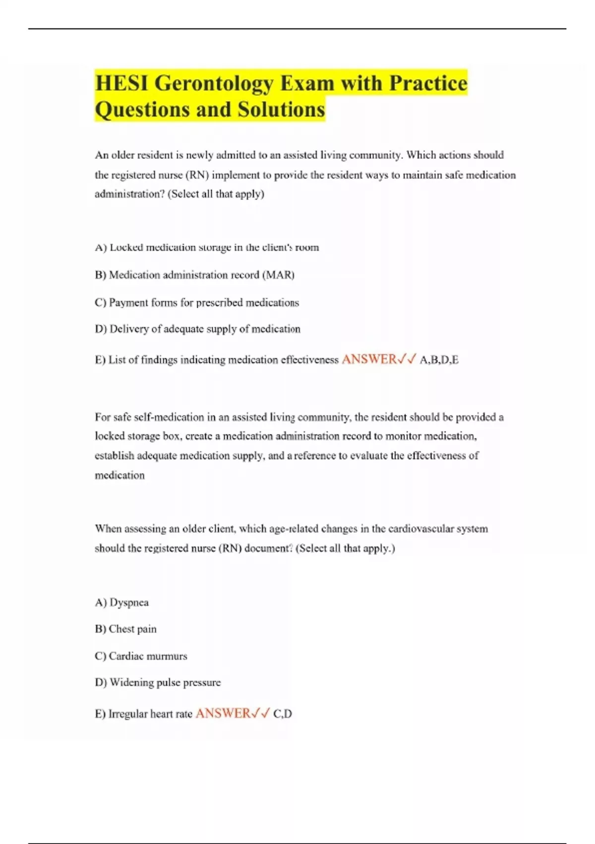 HESI Gerontology Exam with Practice Questions and Solutions - Hesi ...