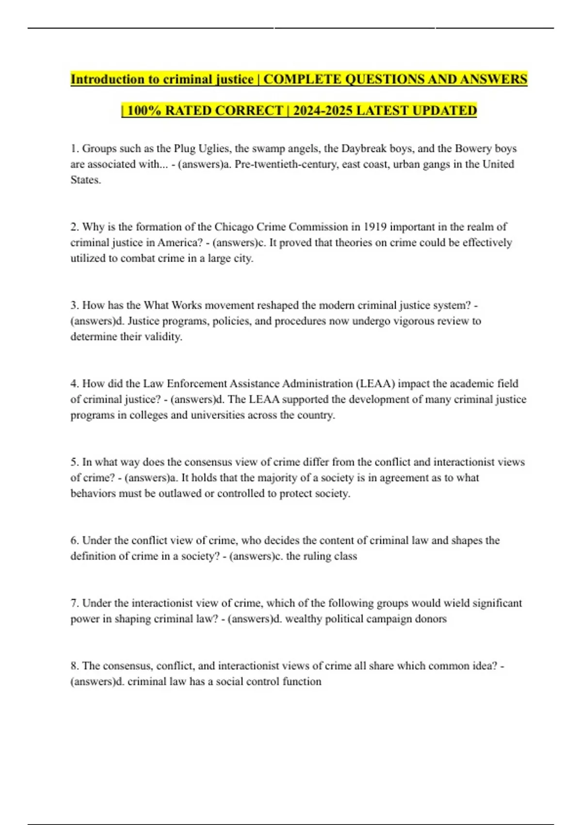 Introduction to criminal justice | COMPLETE QUESTIONS AND ANSWERS | 100 ...