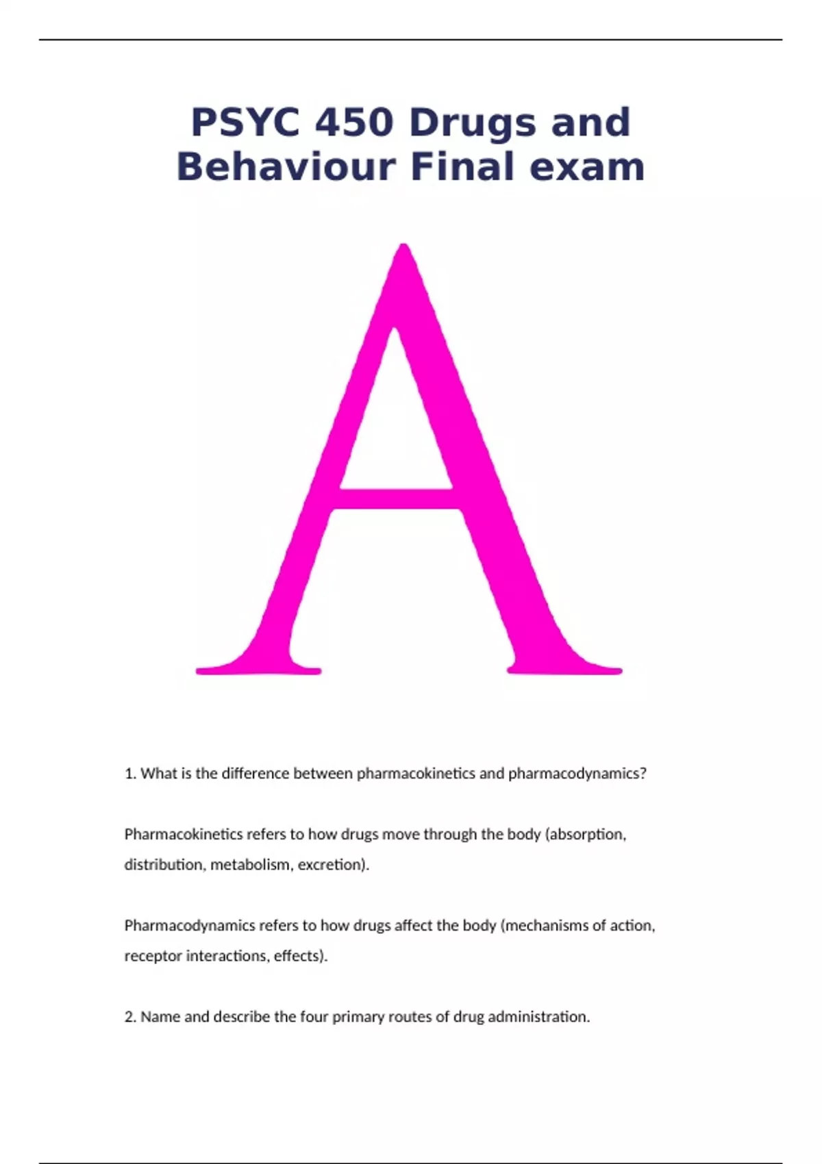 PSYC 450 Drugs and Behaviour Final Actual exam questions and verified ...