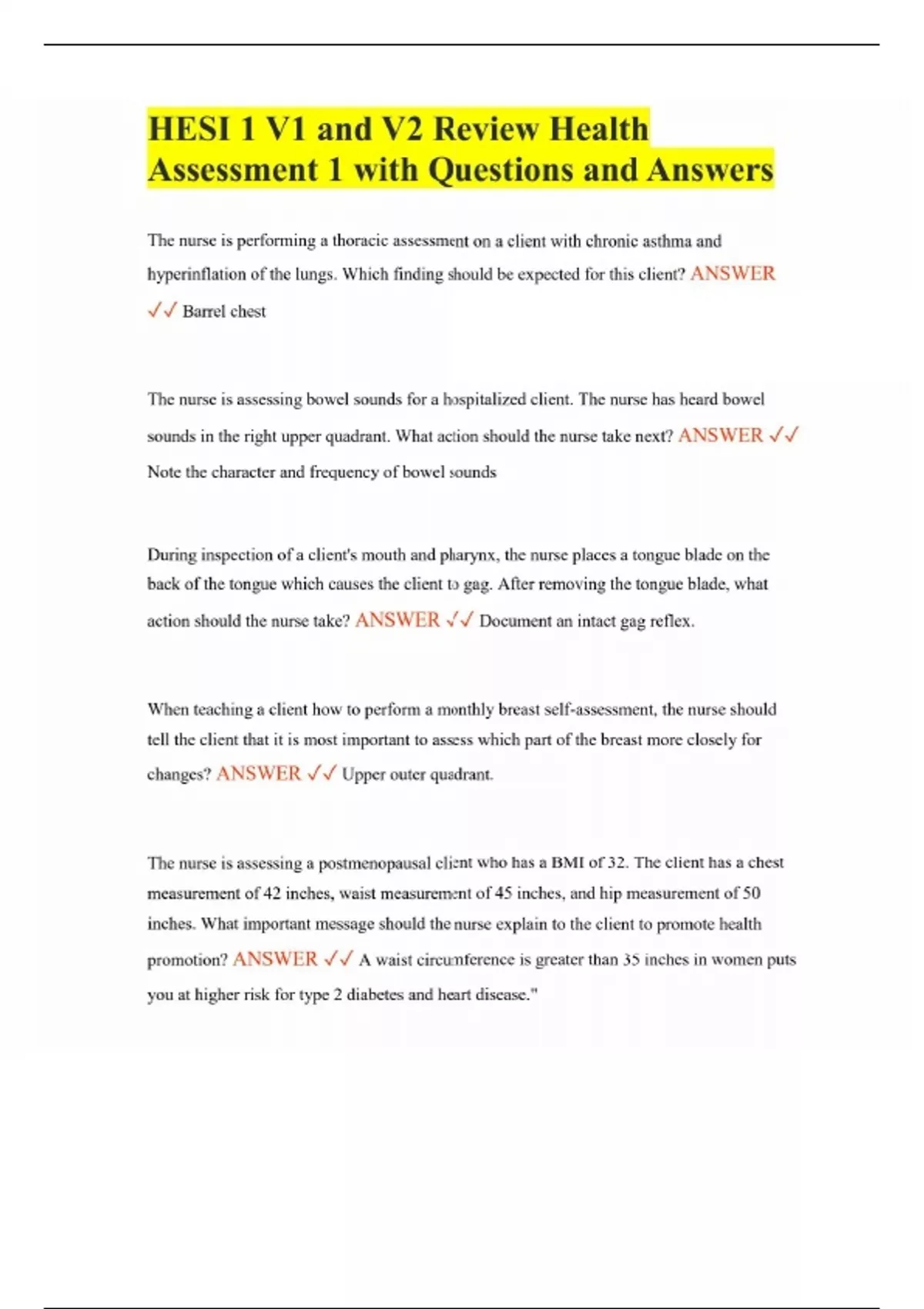 HESI 1 V1 and V2 Review Health Assessment 1 with Questions and Answers ...