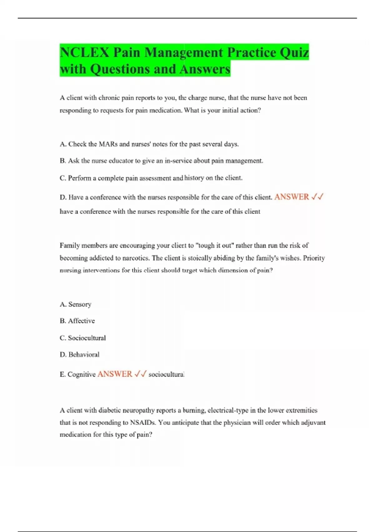 NCLEX Pain Management Practice Quiz with Questions and Answers - Nclex ...