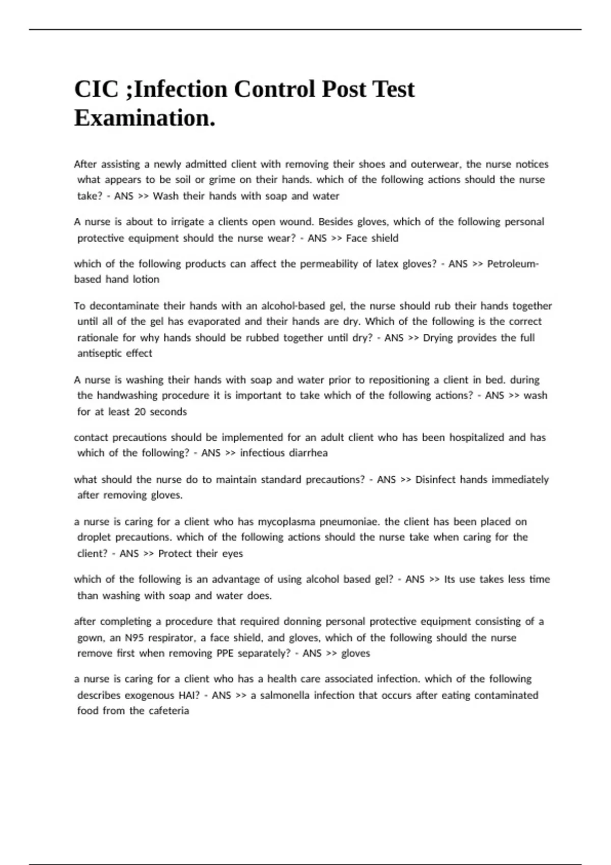 CIC ;Infection Control Post Test Examination..docx - CIC - Certified ...