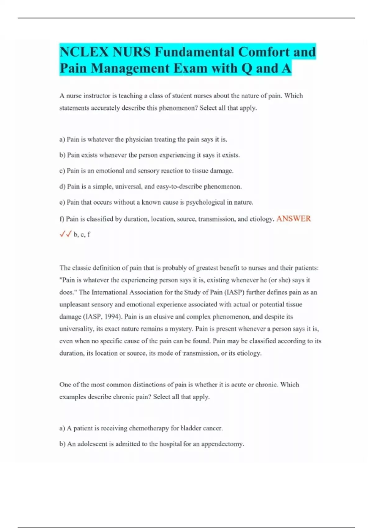 NCLEX NURS Fundamental Comfort and Pain Management Exam with Q and A ...