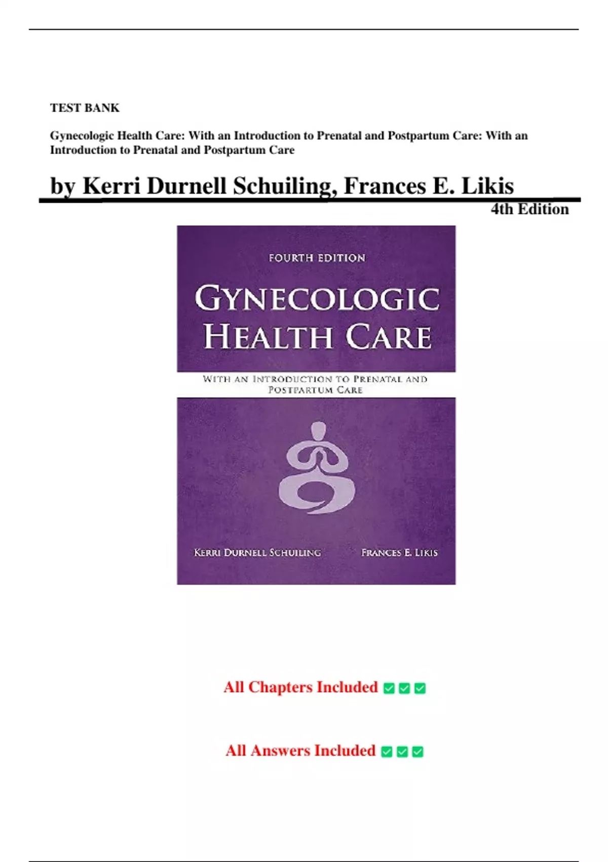 TEST BANK for Gynecologic Health Care: With an Introduction to Prenatal ...