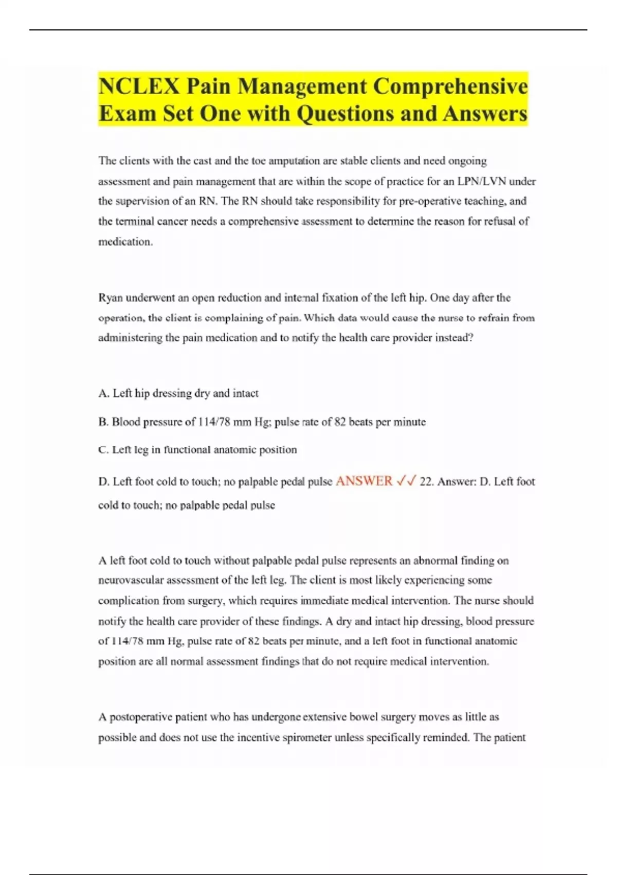 NCLEX Pain Management Comprehensive Exam Set One with Questions and ...