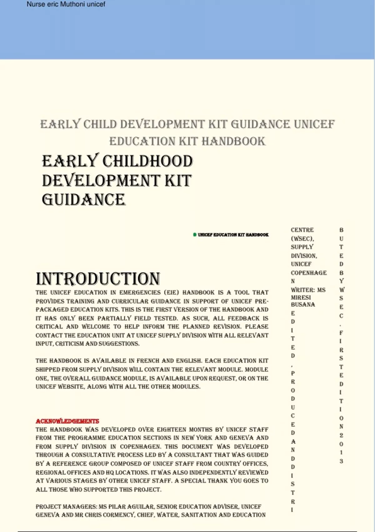 Early child development kit guidance Unicef education kit handbook ...