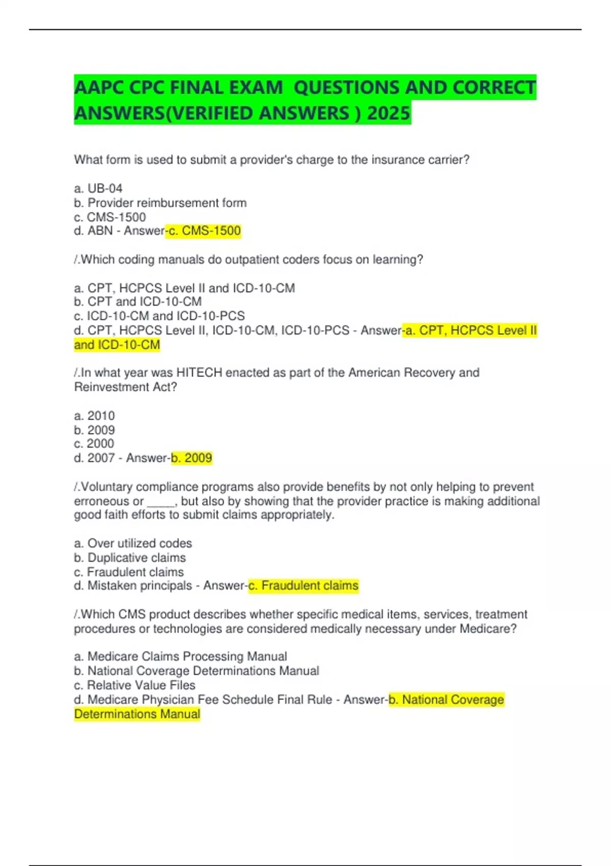 AAPC CPC FINAL EXAM QUESTIONS AND CORRECT ANSWERS(VERIFIED ANSWERS ) 2025 - AAPC CPC - Stuvia US